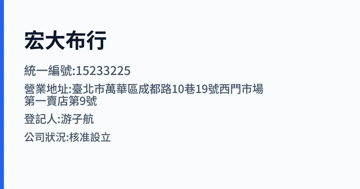 宏大布行 - 統編 15233225(臺北市) 公司登記資料與營業項目詳細圖表