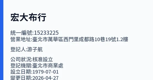 宏大布行的照片-統編 15233225(臺北市) 公司登記資料與營業項目詳細圖表