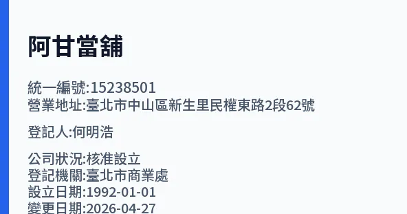 阿甘當舖的照片-統編 15238501(臺北市) 公司登記資料與營業項目詳細圖表