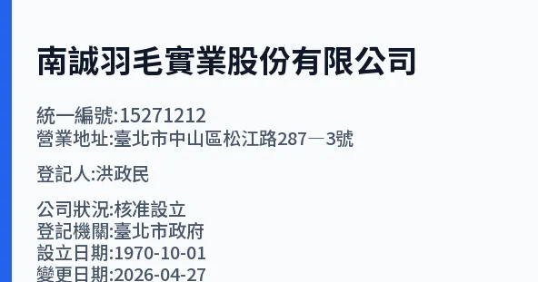 南誠羽毛實業股份有限公司的照片-統編 15271212(臺北市) 公司登記資料與營業項目詳細圖表