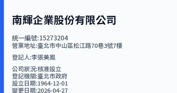南輝企業股份有限公司的照片-統編 15273204(臺北市) 公司登記資料與營業項目詳細圖表