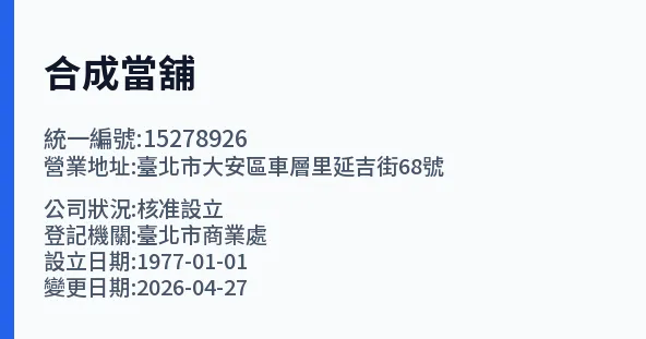 合成當舖的照片-統編 15278926(臺北市) 公司登記資料與營業項目詳細圖表