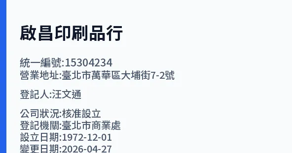 啟昌印刷品行的照片-統編 15304234(臺北市) 公司登記資料與營業項目詳細圖表