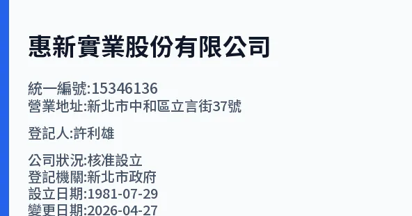 惠新實業股份有限公司的照片-統編 15346136(新北市) 公司登記資料與營業項目詳細圖表