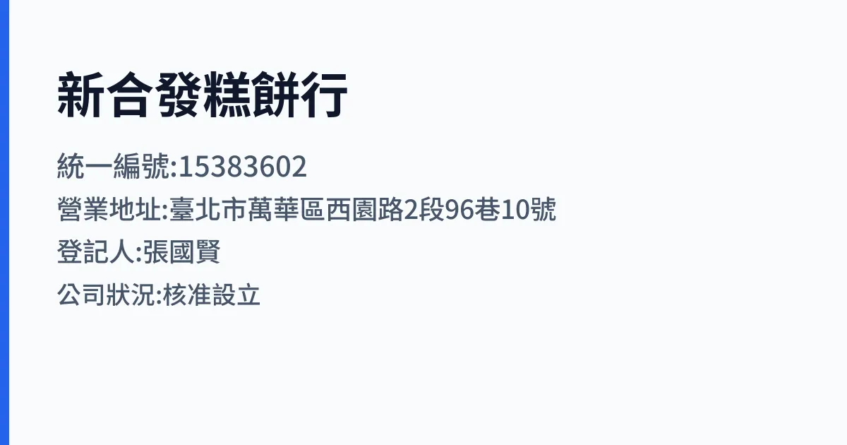 新合發糕餅行 - 統編 15383602(臺北市) 公司登記資料與營業項目詳細圖表