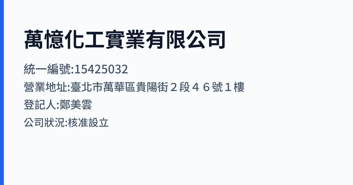 萬憶化工實業有限公司 - 統編 15425032(臺北市) 公司登記資料與營業項目詳細圖表