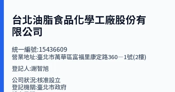 台北油脂食品化學工廠股份有限公司的照片-統編 15436609(臺北市) 公司登記資料與營業項目詳細圖表
