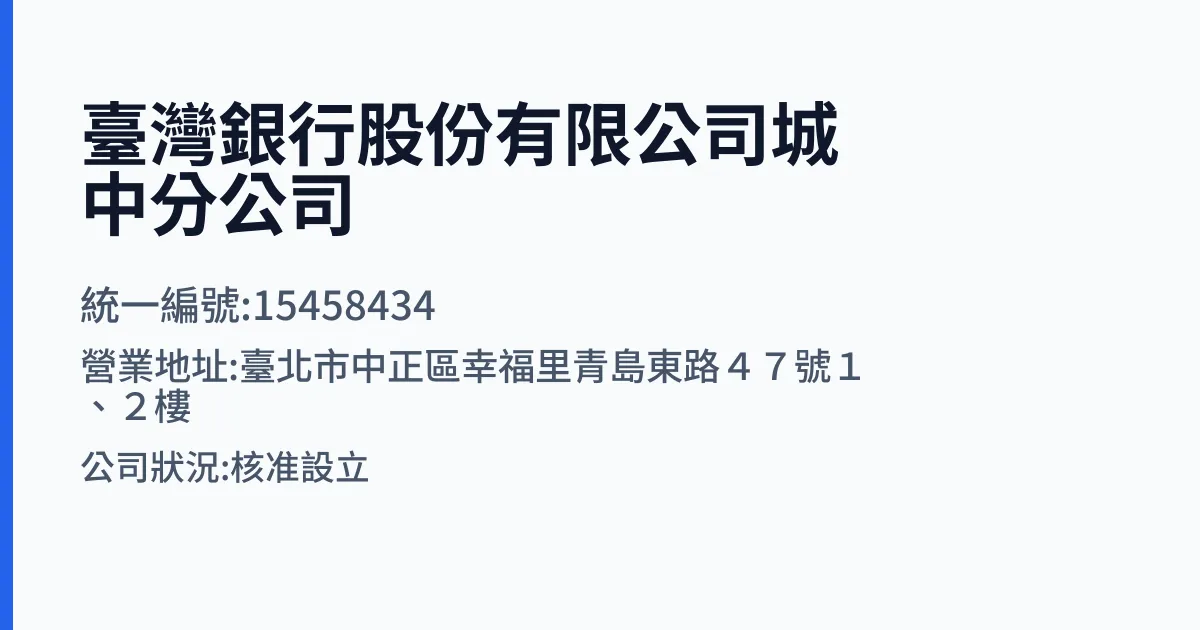 臺灣銀行股份有限公司城中分公司 - 統編 15458434(臺北市) 公司登記資料與營業項目詳細圖表