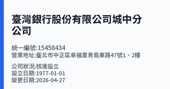 臺灣銀行股份有限公司城中分公司的照片-統編 15458434(臺北市) 公司登記資料與營業項目詳細圖表