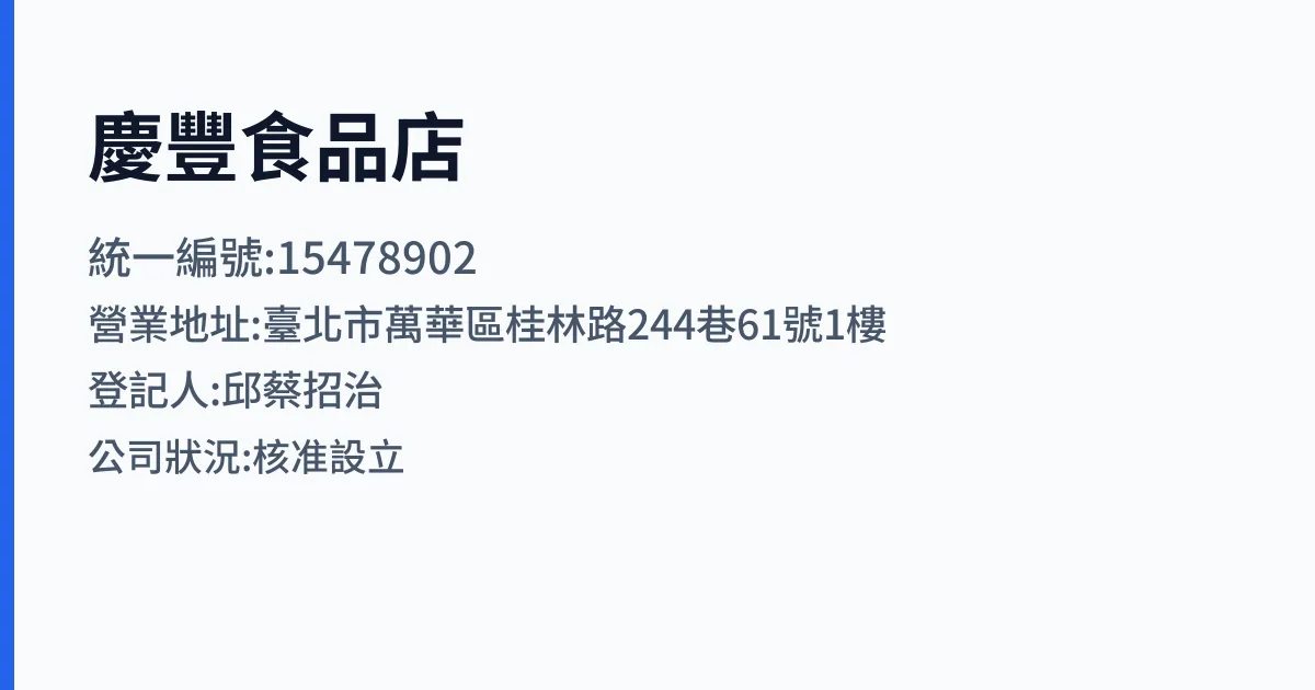 慶豐食品店 - 統編 15478902(臺北市) 公司登記資料與營業項目詳細圖表