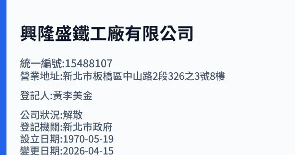 興隆盛鐵工廠有限公司的照片-統編 15488107(新北市) 公司登記資料與營業項目詳細圖表