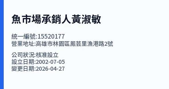 魚市場承銷人黃淑敏的照片-統編 15520177(高雄市) 公司登記資料與營業項目詳細圖表
