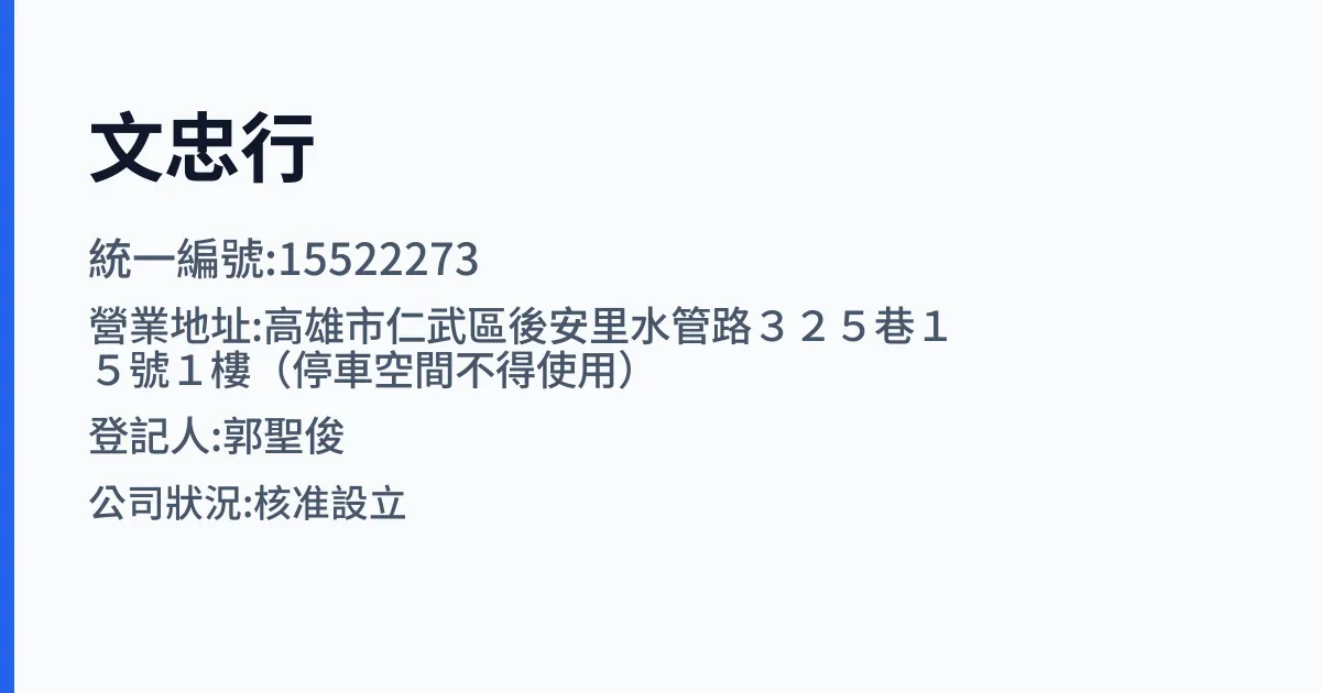 文忠行 - 統編 15522273(高雄市) 公司登記資料與營業項目詳細圖表