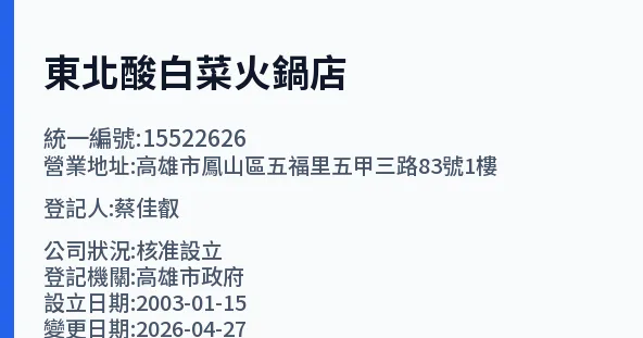 東北酸白菜火鍋店的照片-統編 15522626(高雄市) 公司登記資料與營業項目詳細圖表