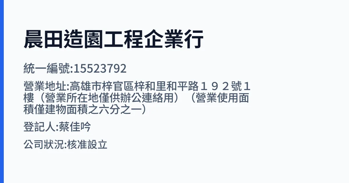 晨田造園工程企業行 - 統編 15523792(高雄市) 公司登記資料與營業項目詳細圖表
