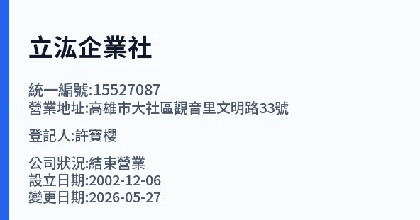 立汯企業社的照片-統編 15527087(高雄市) 公司登記資料與營業項目詳細圖表