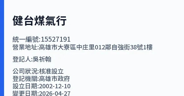 健台煤氣行的照片-統編 15527191(高雄市) 公司登記資料與營業項目詳細圖表