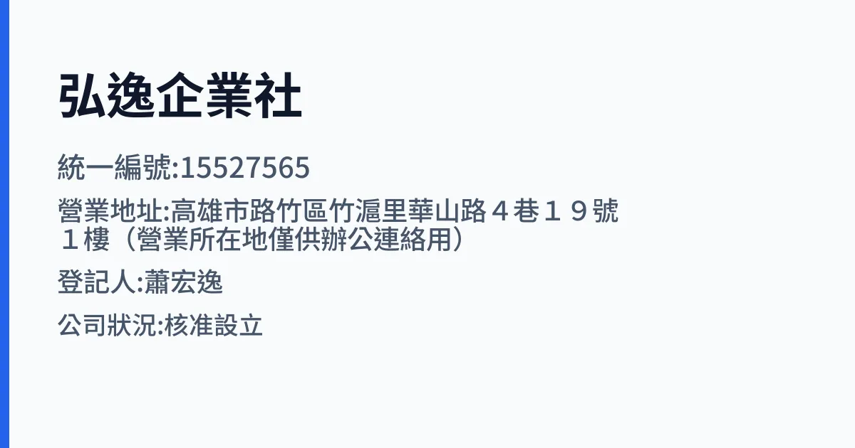 弘逸企業社 - 統編 15527565(高雄市) 公司登記資料與營業項目詳細圖表