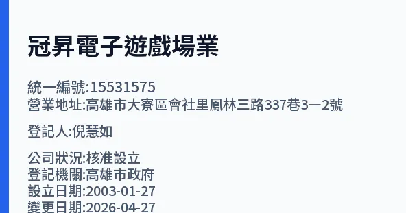 冠昇電子遊戲場業的照片-統編 15531575(高雄市) 公司登記資料與營業項目詳細圖表
