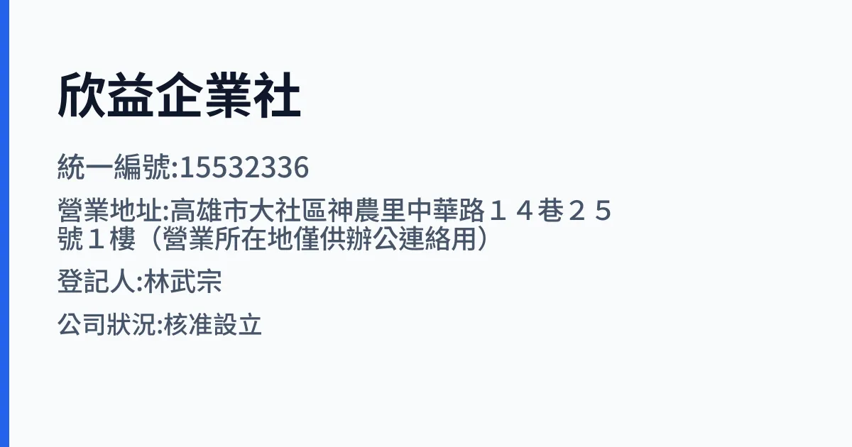 欣益企業社 - 統編 15532336(高雄市) 公司登記資料與營業項目詳細圖表