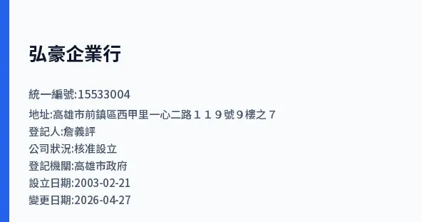 弘豪企業行的照片-統編 15533004(高雄市) 公司登記資料與營業項目詳細圖表