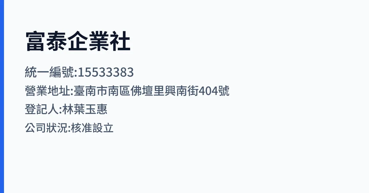 富泰企業社 - 統編 15533383(臺南市) 公司登記資料與營業項目詳細圖表