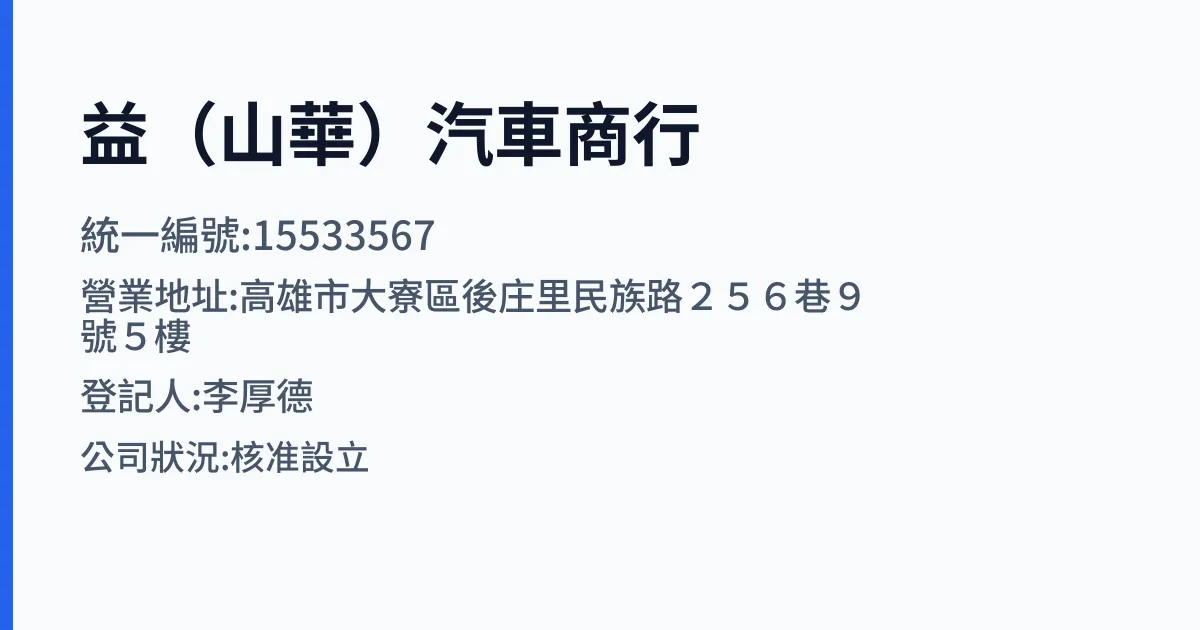 益（山華）汽車商行 - 統編 15533567(高雄市) 公司登記資料與營業項目詳細圖表