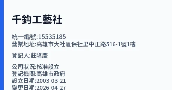 千鈞工藝社的照片-統編 15535185(高雄市) 公司登記資料與營業項目詳細圖表