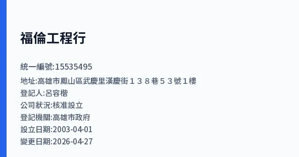 福倫工程行的照片-統編 15535495(高雄市) 公司登記資料與營業項目詳細圖表