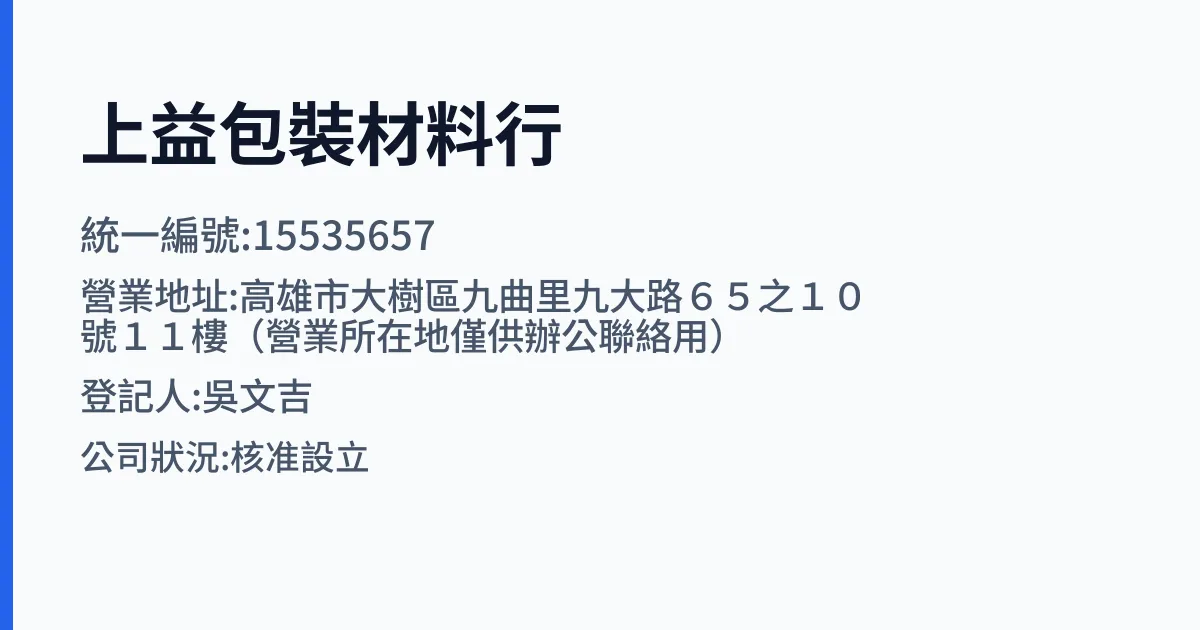 上益包裝材料行 - 統編 15535657(高雄市) 公司登記資料與營業項目詳細圖表