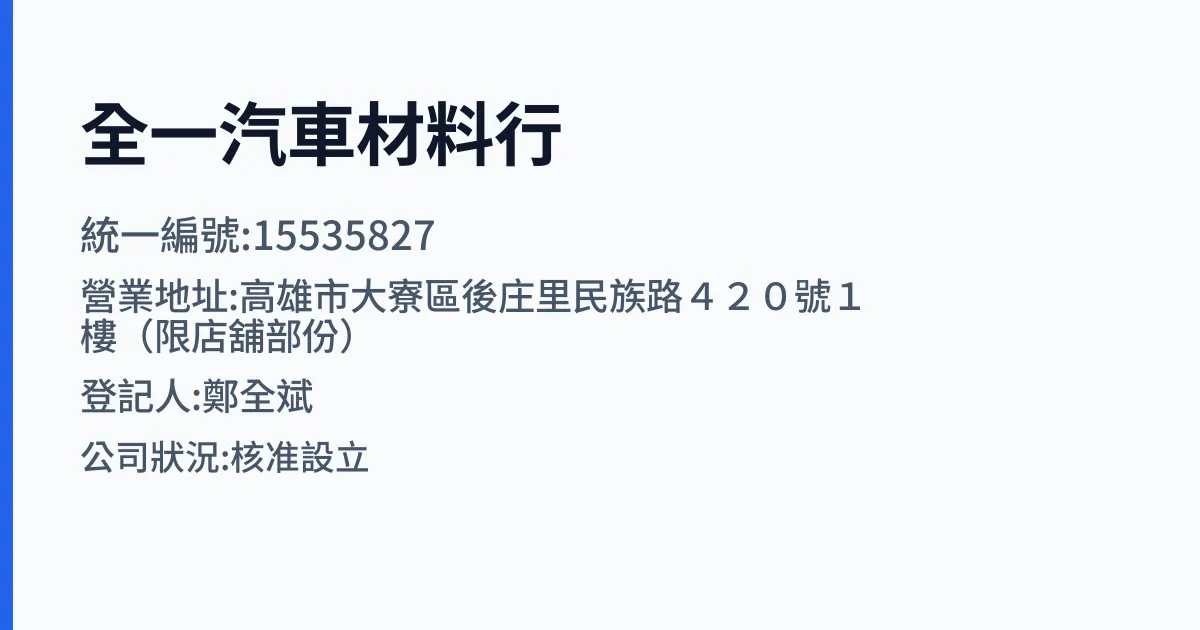 全一汽車材料行 - 統編 15535827(高雄市) 公司登記資料與營業項目詳細圖表
