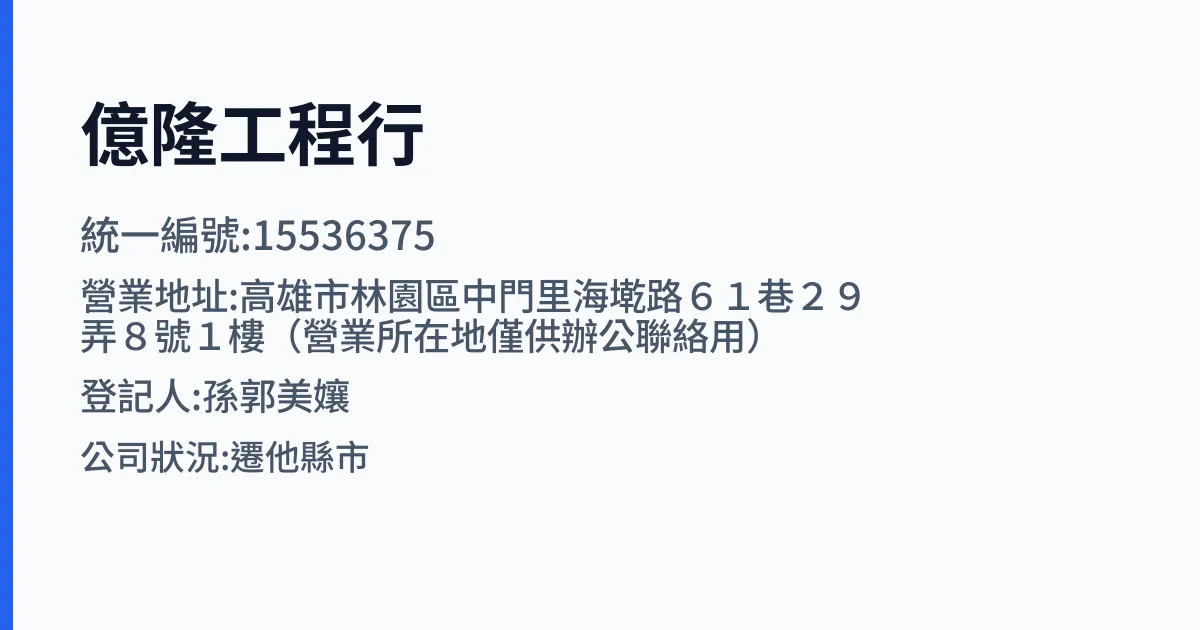 億隆工程行 - 統編 15536375(臺南市) 公司登記資料與營業項目詳細圖表