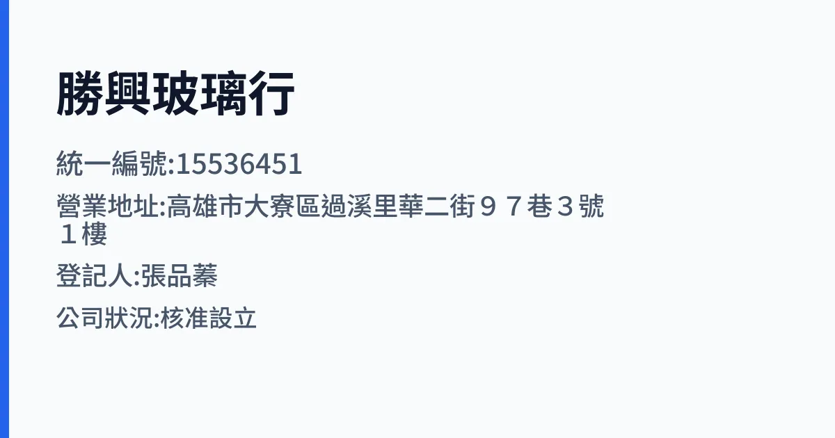 勝興玻璃行 - 統編 15536451(高雄市) 公司登記資料與營業項目詳細圖表