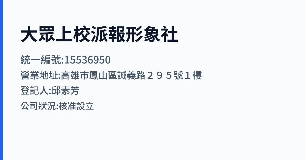 大眾上校派報形象社 - 統編 15536950(高雄市) 公司登記資料與營業項目詳細圖表
