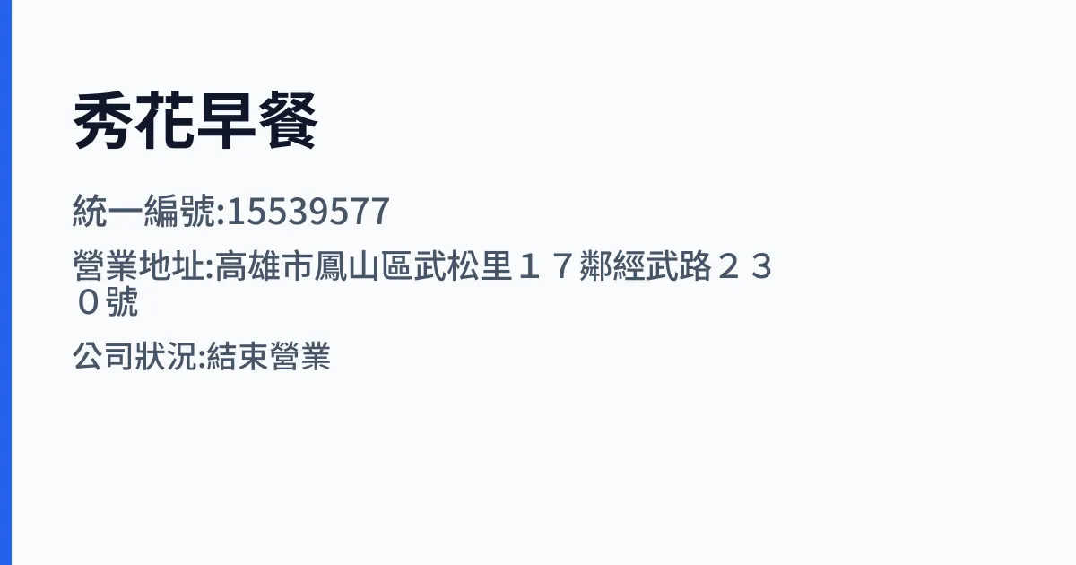 秀花早餐 - 統編 15539577(高雄市) 公司登記資料與營業項目詳細圖表