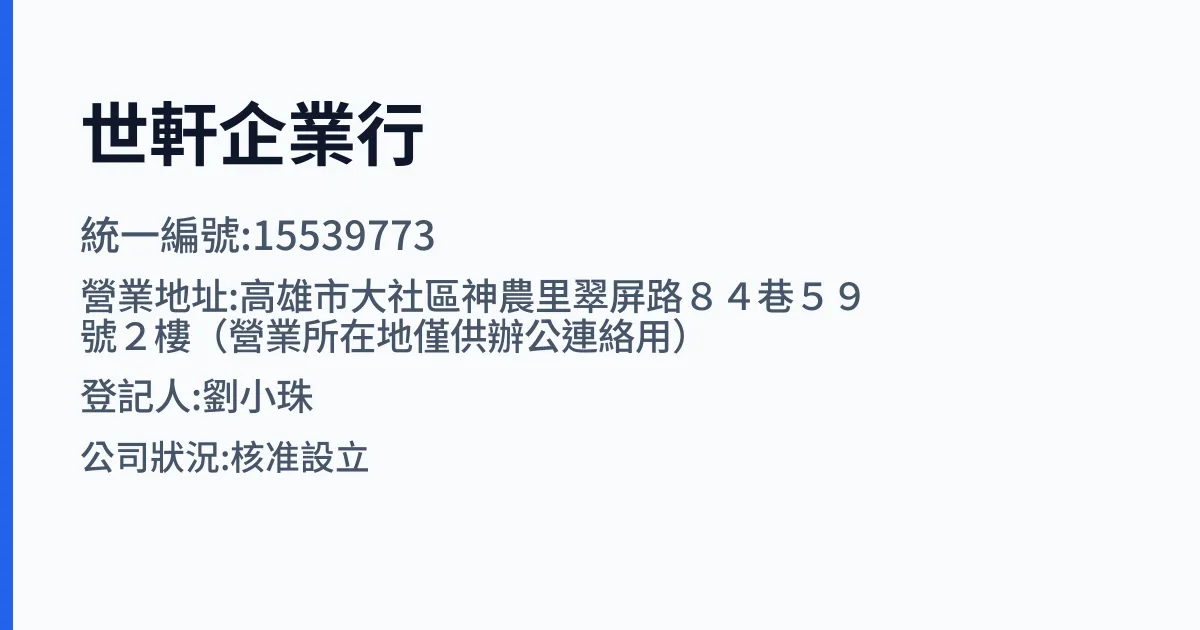 世軒企業行 - 統編 15539773(高雄市) 公司登記資料與營業項目詳細圖表