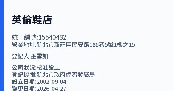 英倫鞋店的照片-統編 15540482(新北市) 公司登記資料與營業項目詳細圖表