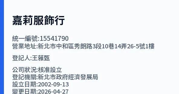 嘉莉服飾行的照片-統編 15541790(新北市) 公司登記資料與營業項目詳細圖表