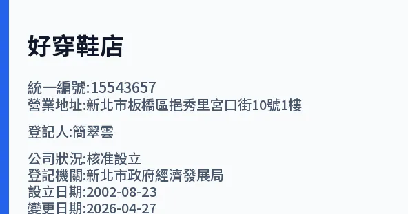 好穿鞋店的照片-統編 15543657(新北市) 公司登記資料與營業項目詳細圖表