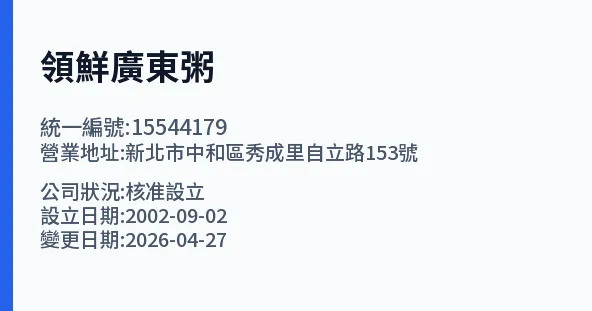 領鮮廣東粥的照片-統編 15544179(新北市) 公司登記資料與營業項目詳細圖表