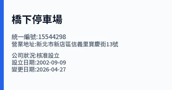 橋下停車場的照片-統編 15544298(新北市) 公司登記資料與營業項目詳細圖表