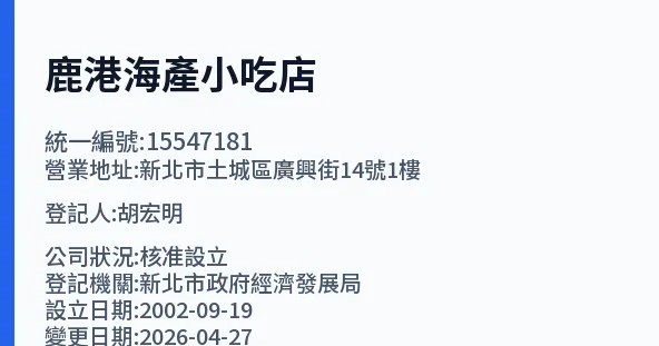 鹿港海產小吃店的照片-統編 15547181(新北市) 公司登記資料與營業項目詳細圖表