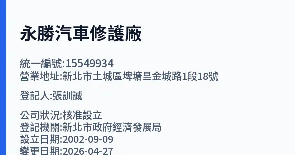 永勝汽車修護廠的照片-統編 15549934(新北市) 公司登記資料與營業項目詳細圖表