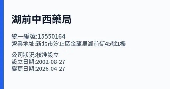 湖前中西藥局的照片-統編 15550164(新北市) 公司登記資料與營業項目詳細圖表