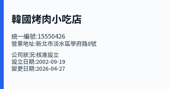 韓國烤肉小吃店的照片-統編 15550426(新北市) 公司登記資料與營業項目詳細圖表
