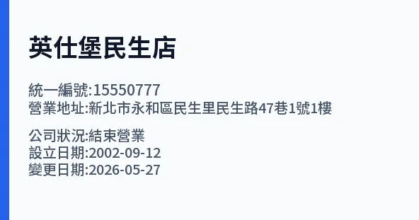 英仕堡民生店的照片-統編 15550777(新北市) 公司登記資料與營業項目詳細圖表