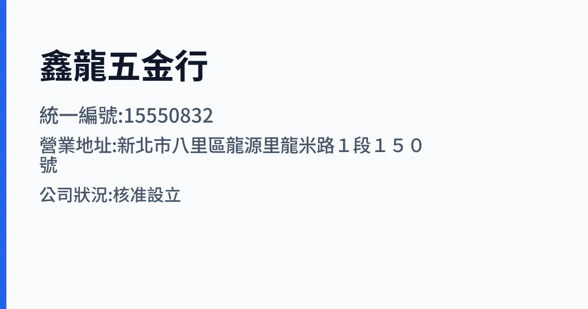 鑫龍五金行 - 統編 15550832(新北市) 公司登記資料與營業項目詳細圖表