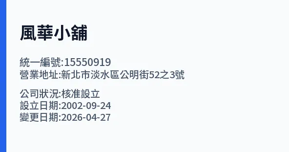風華小舖的照片-統編 15550919(新北市) 公司登記資料與營業項目詳細圖表