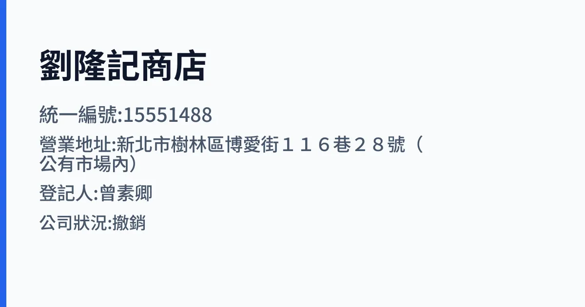 劉隆記商店 - 統編 15551488(新北市) 公司登記資料與營業項目詳細圖表
