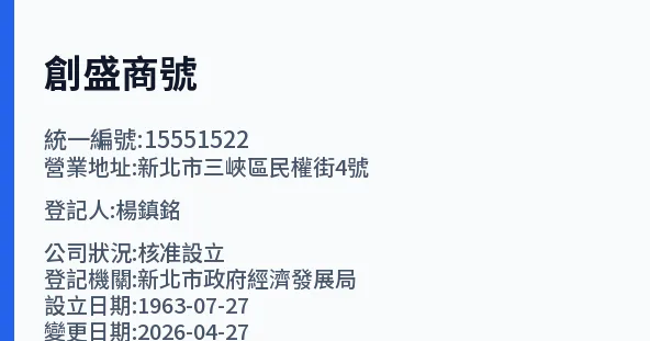創盛商號的照片-統編 15551522(新北市) 公司登記資料與營業項目詳細圖表